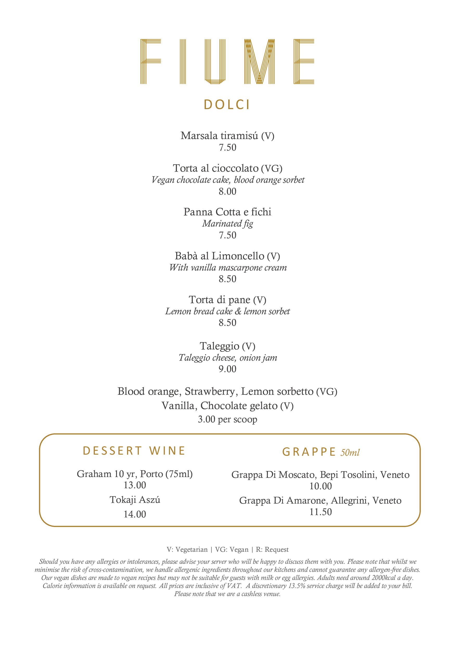 Dessert Menu - Fiume By Sartoria - Italian Restaurant in Battersea